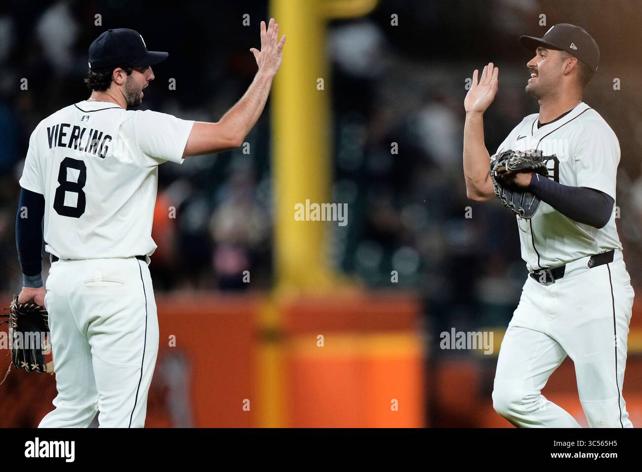 Detroit Tigers center fielder Matt Vierling, left, and left fielder ...