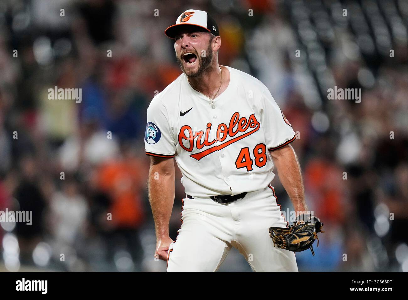 Baltimore Orioles relief pitcher Corbin Martin (48) reacts to his team ...
