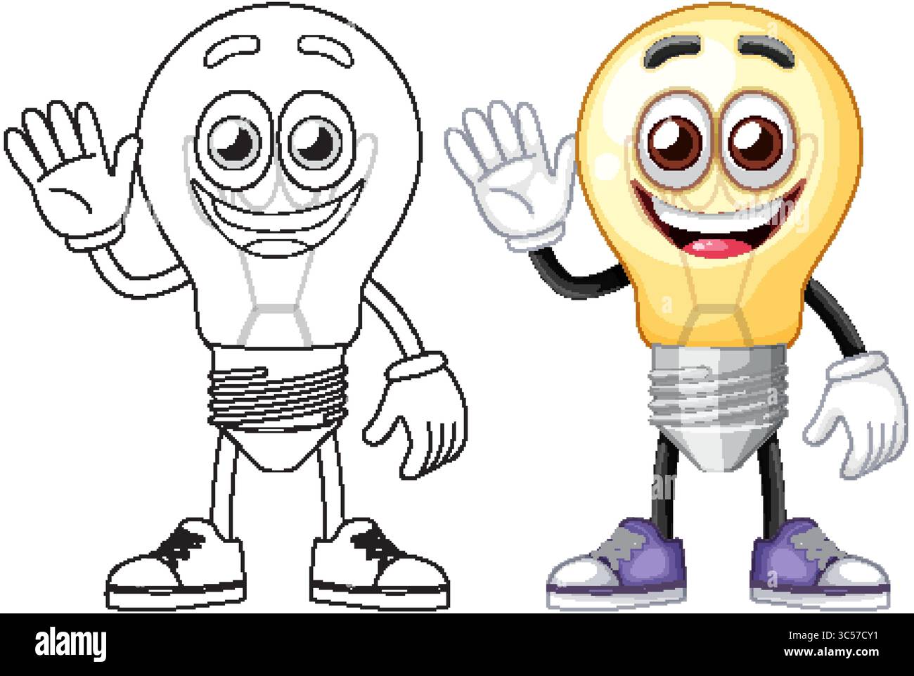 Vector illustration of a smiling light bulb character waving, featuring ...