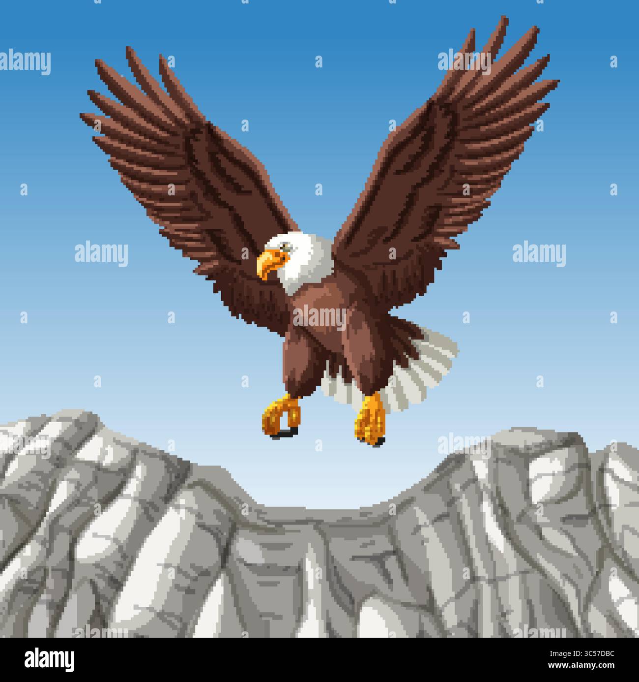 Vector illustration of a bald eagle flying above rugged mountains ...