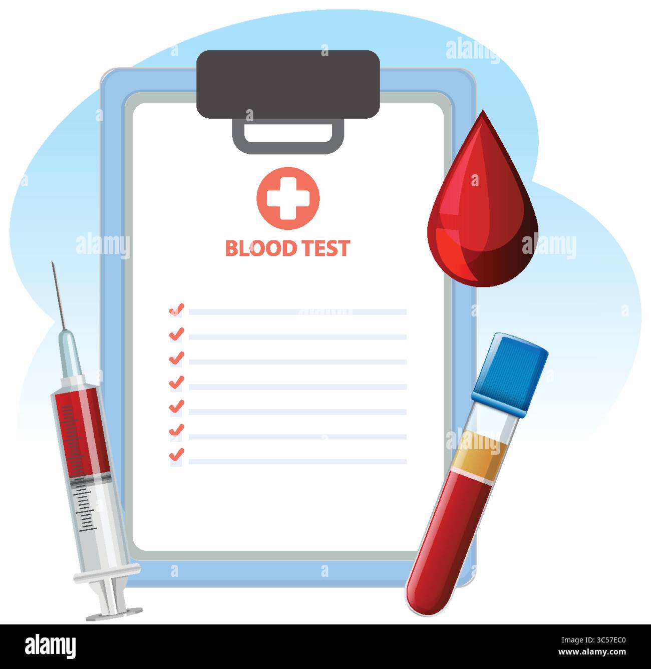 Vector illustration of a blood test checklist on clipboard, accompanied ...