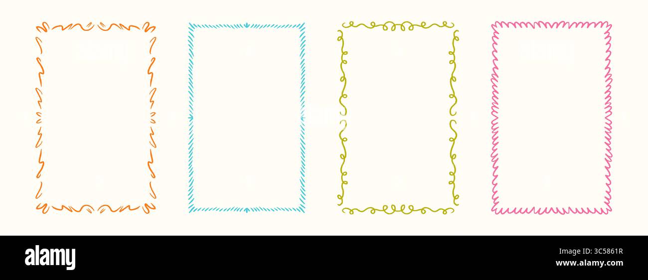 Colored hand drawn wavy frame set. Romantic curly border collection ...