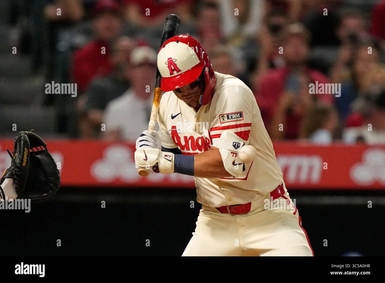 Los Angeles Angels' Mike Trout is hit by a pitch during the eighth ...