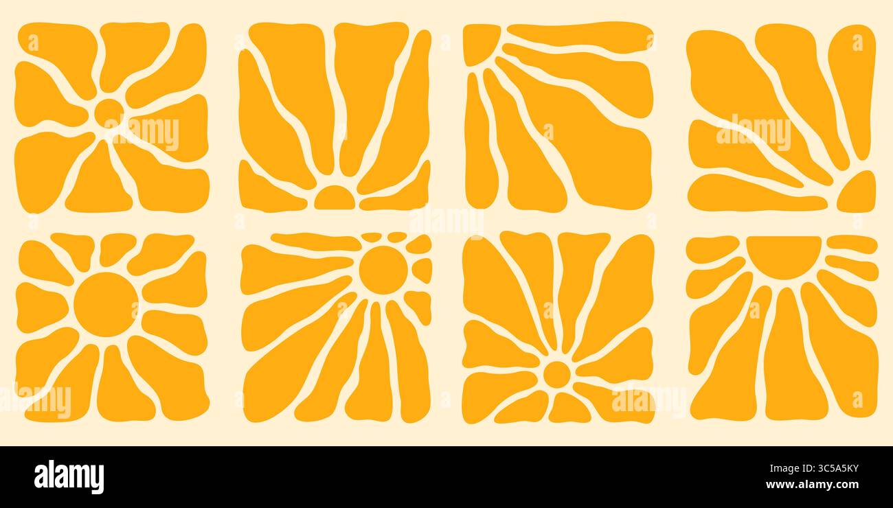 Boho groovy sun patterns with abstract yellow shapes and retro floral ...