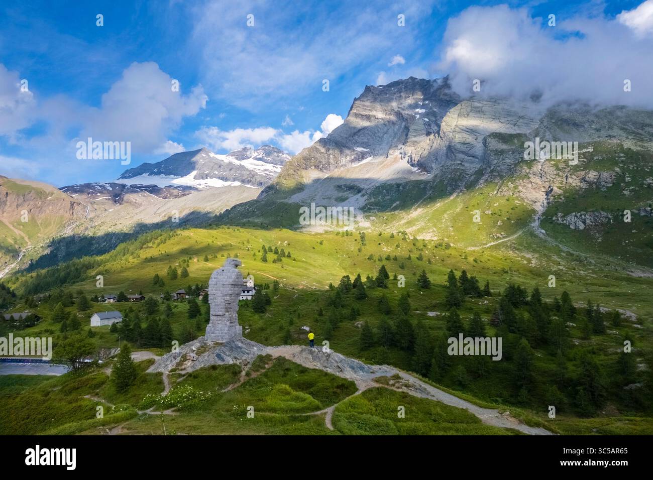 Aerial view of the statue of the Eagle at the top of Simplonpass ...