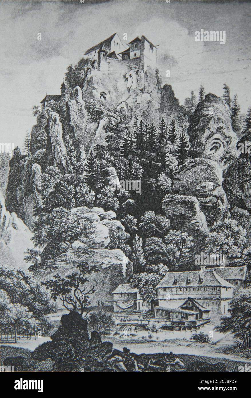 Rabeneck Castle, a high medieval noble castle, above the Wiesent Valley ...