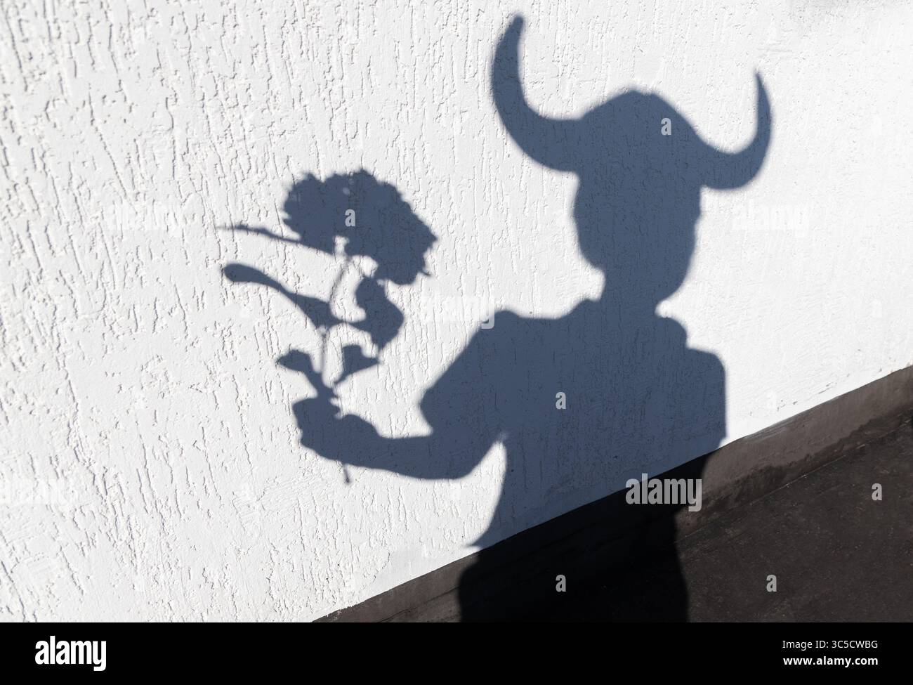 Funny shadow on the wall from a child in Viking horns holding a flower ...