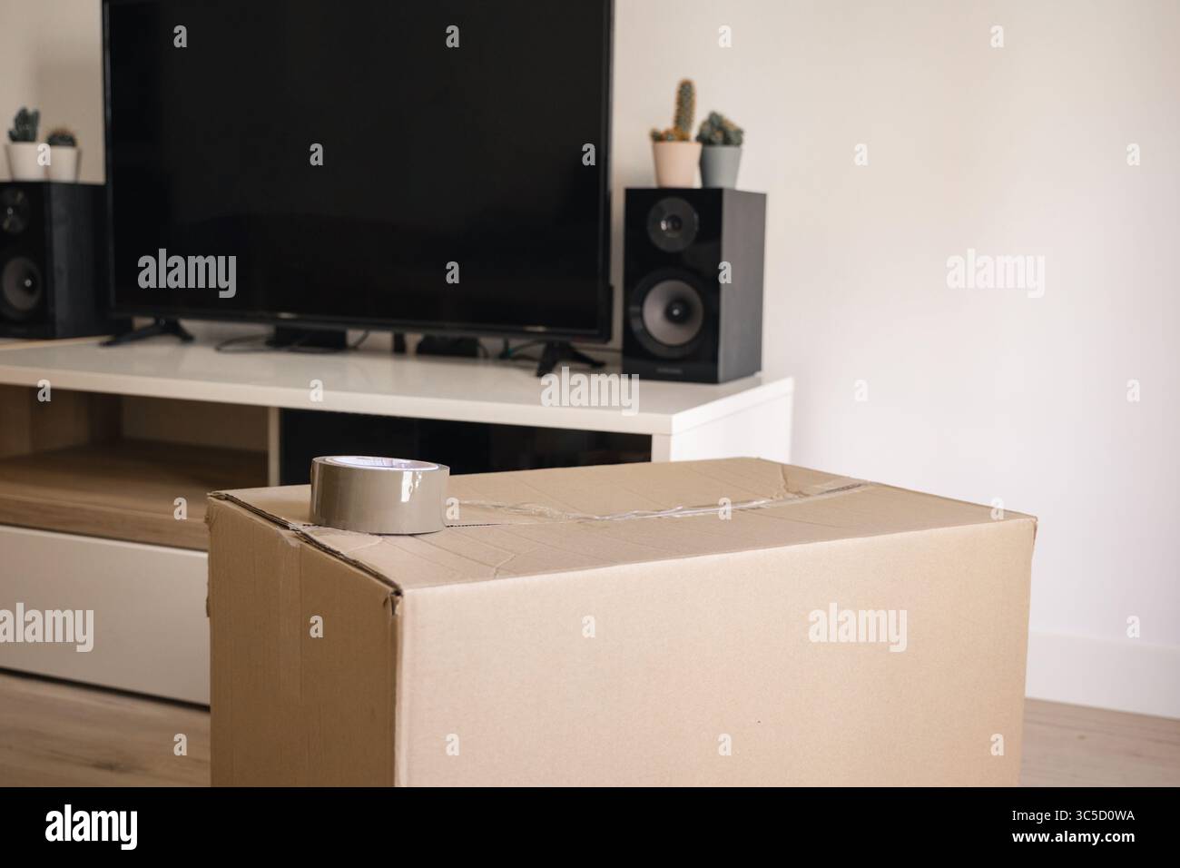 Cardboard Moving Box with Tape Placed in Front of Television Stand ...