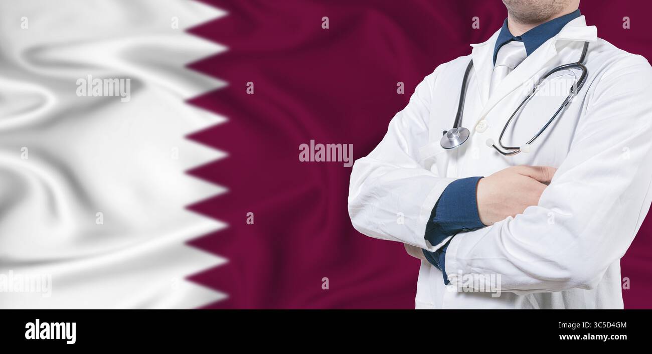 Qatar healthcare concept. Male doctor on Qatar flag. Doctor with ...