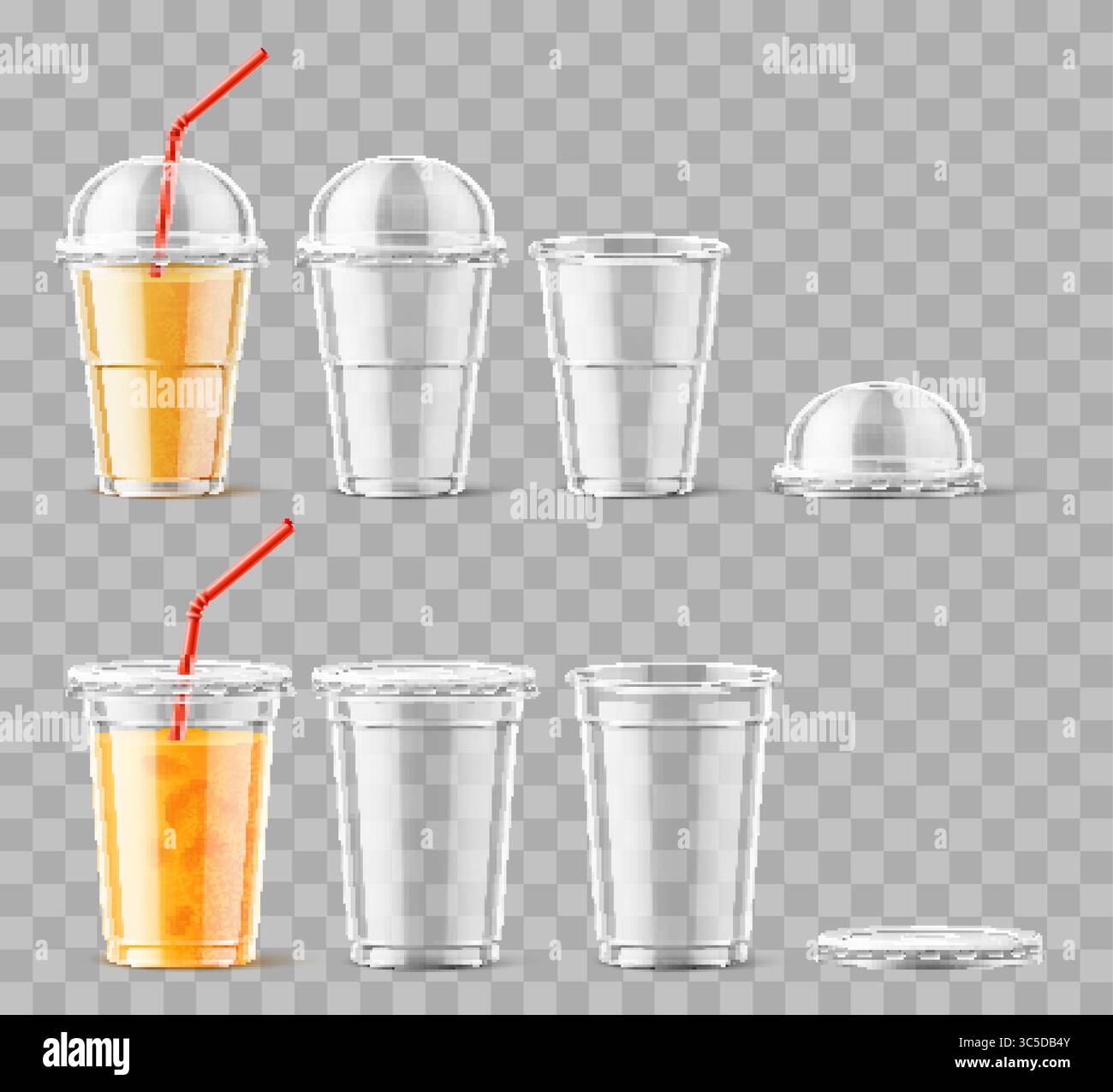 Realistic clear plastic juice glass. Full and empty cup with lid on ...