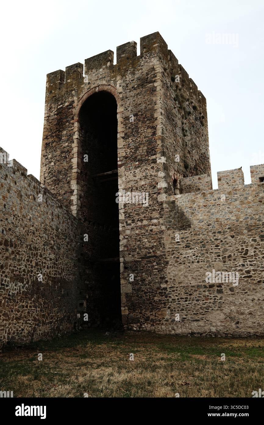 Detail of a tall medieval tower with an arched opening at Smederevo ...