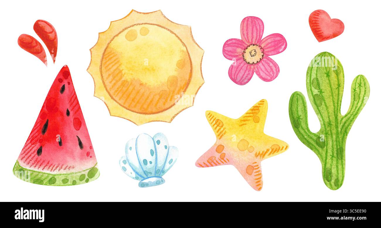 Watercolor illustration of summer holiday elements. Hand drawn ...