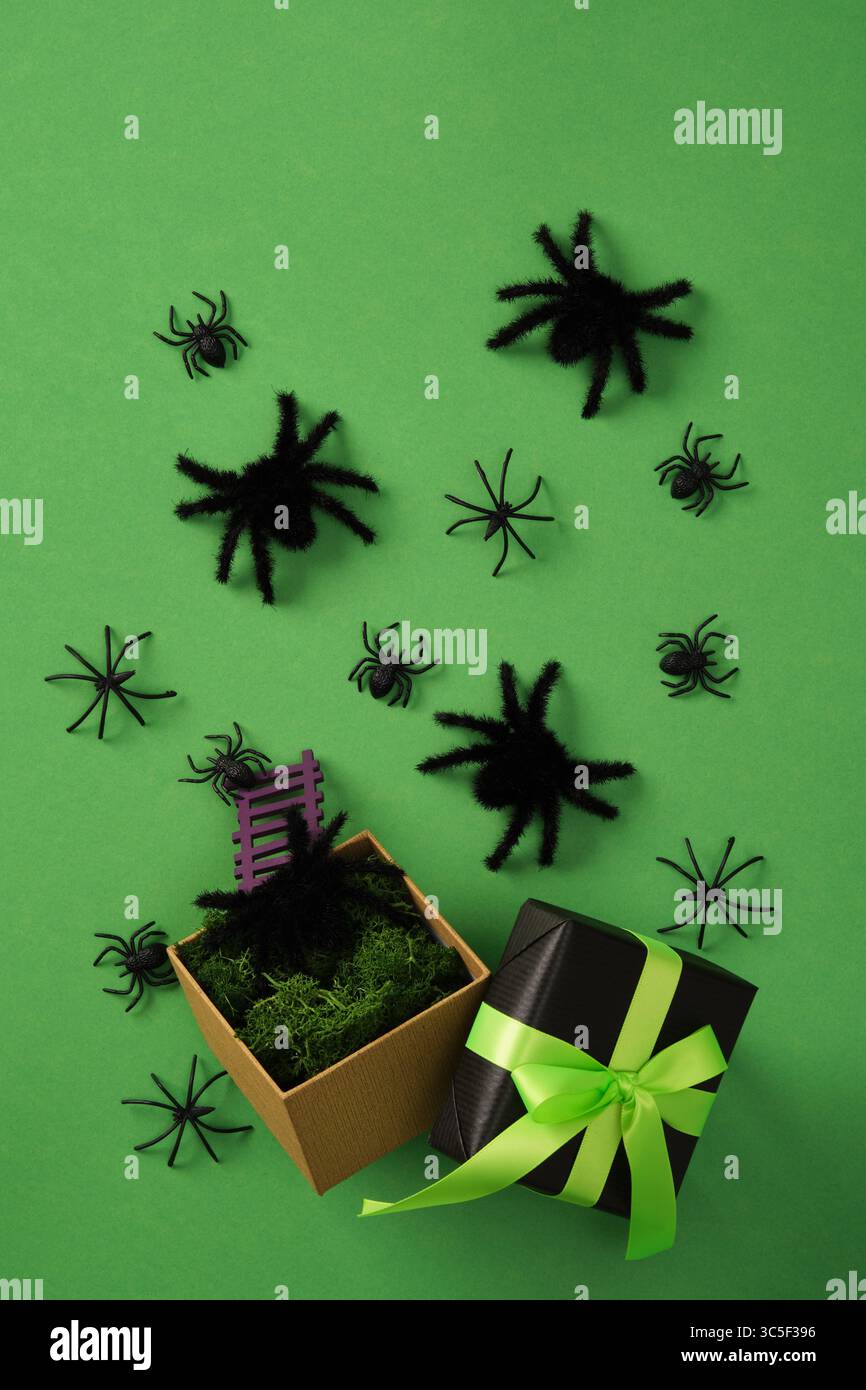 Halloween gift box with a green ribbon with creepy spiders crawling out ...