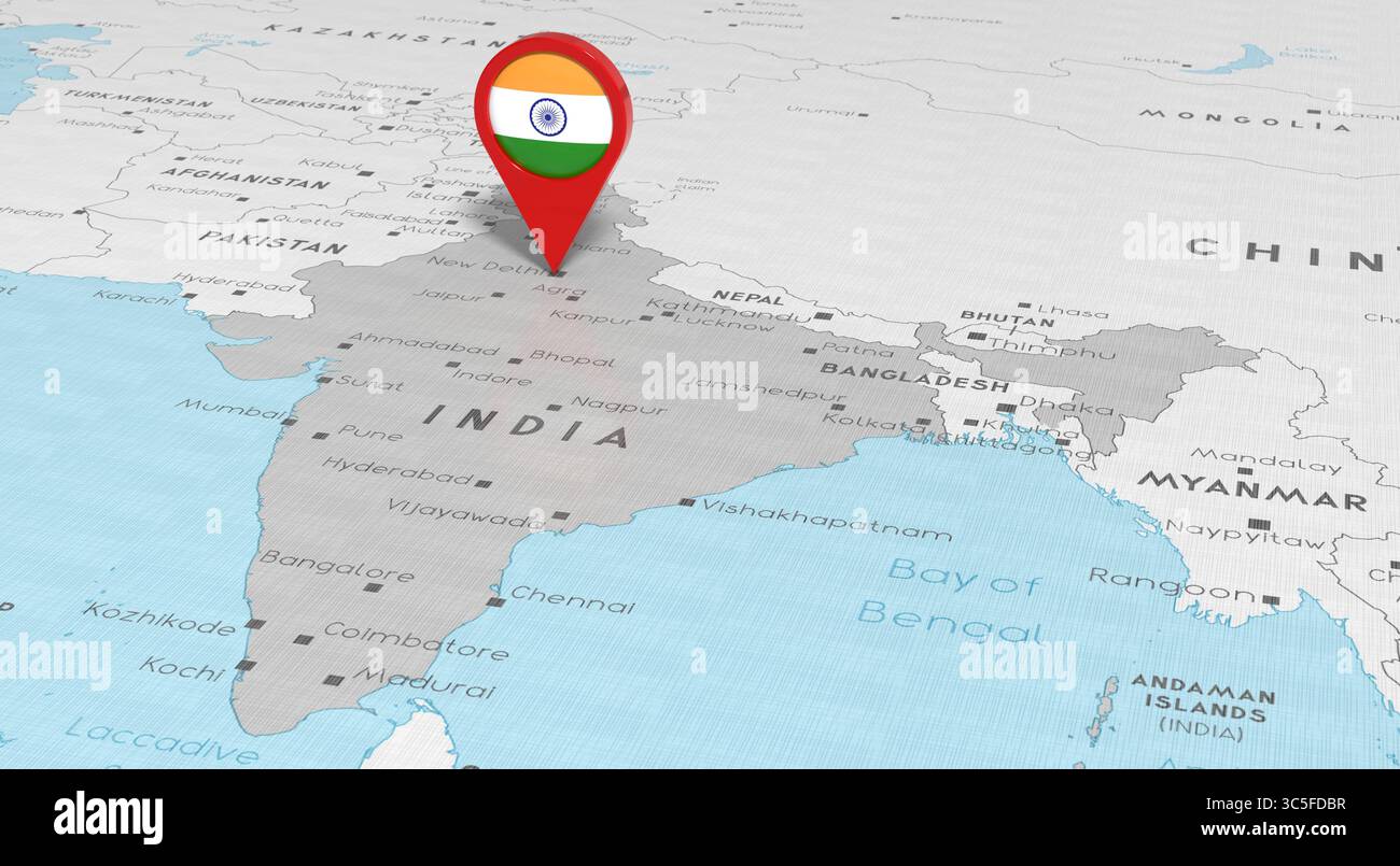 India, New Delhi - location pin with national flag on political map ...