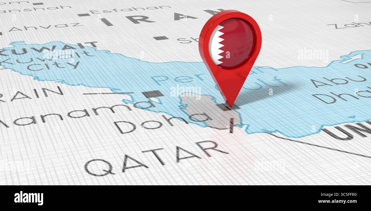 Qatar, Doha - location pin with national flag on political map - 3D ...