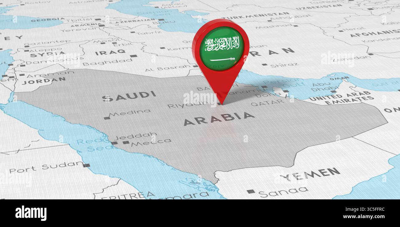 Saudi Arabia, Riyadh - location pin with national flag on political map ...