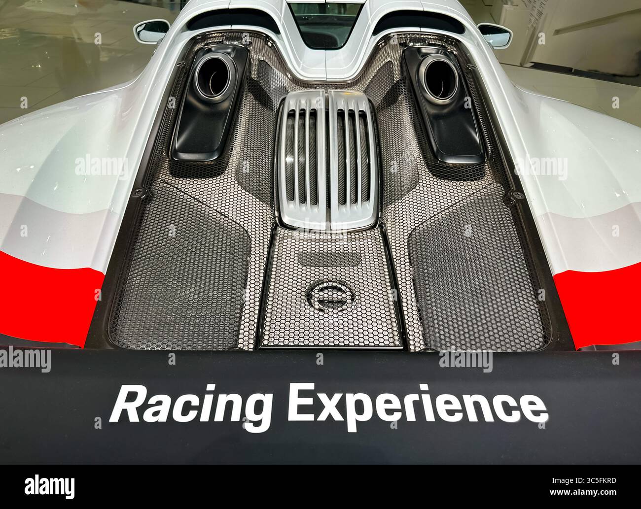 Rear view of a Porsche 918 Spyder hybrid supercar with "Racing ...