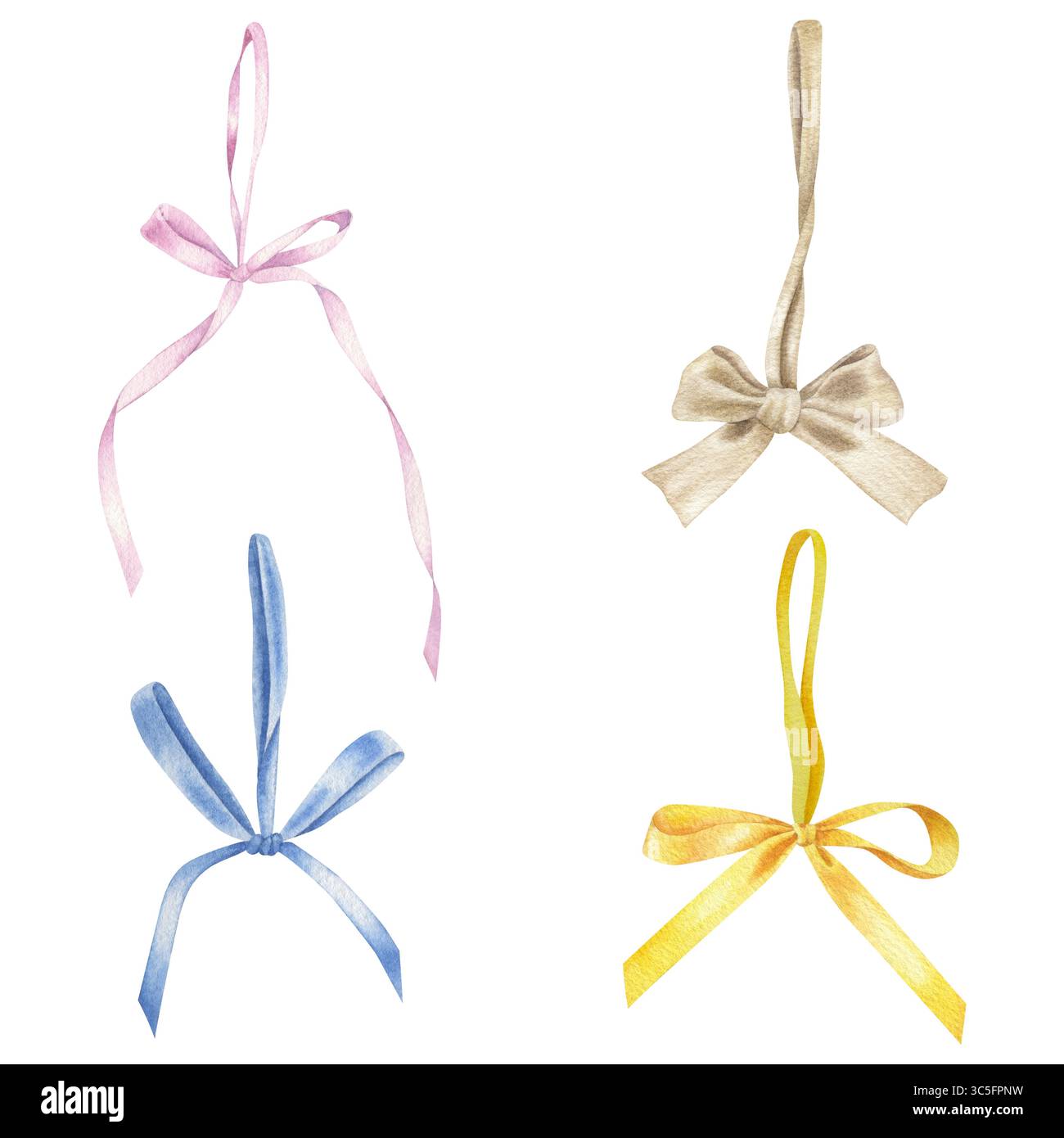 Satin ribbon bows with hanging loops. Hand drawn watercolor ...