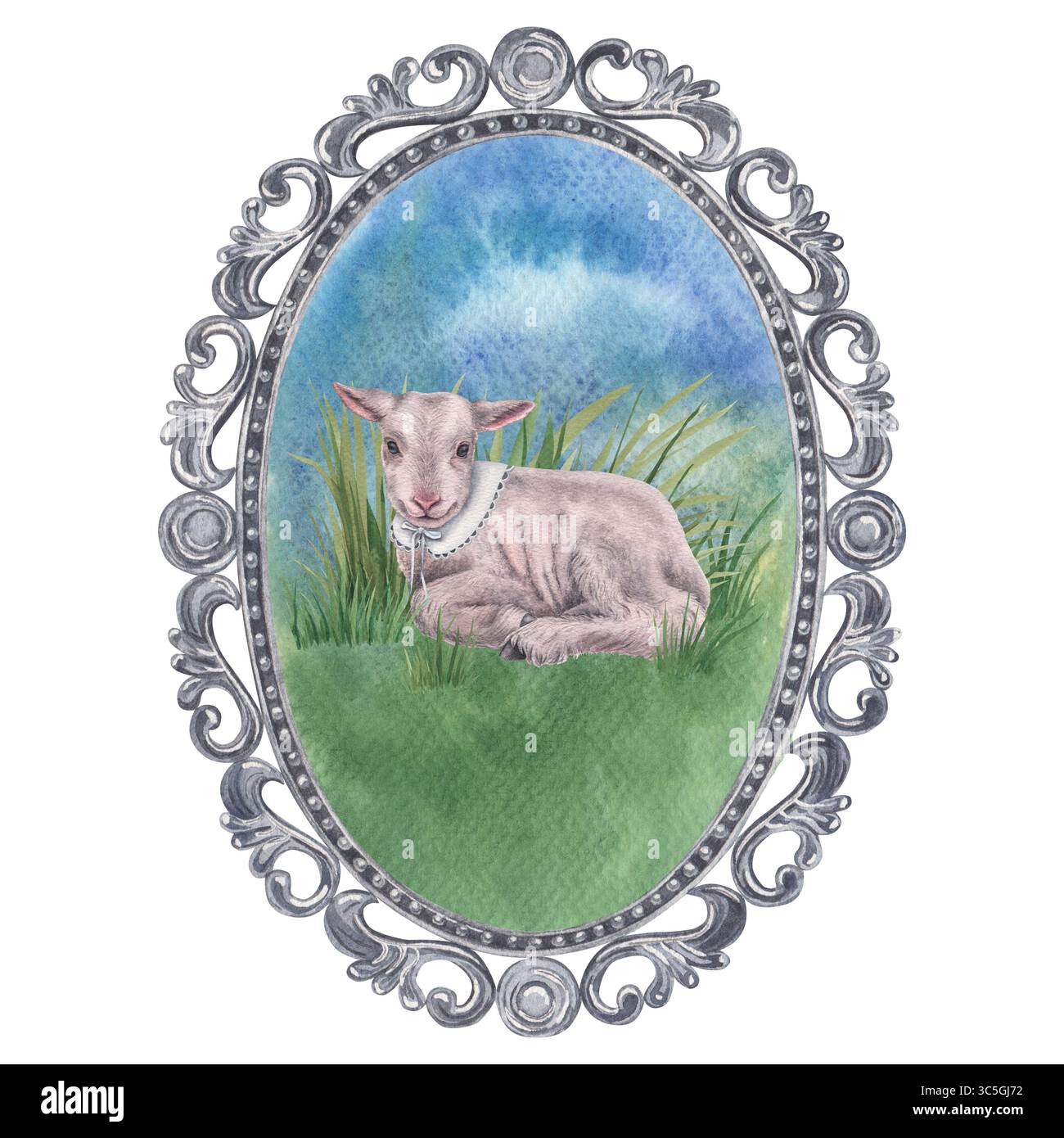 An elegant oval-shaped carved frame in which a small lamb lying on a ...
