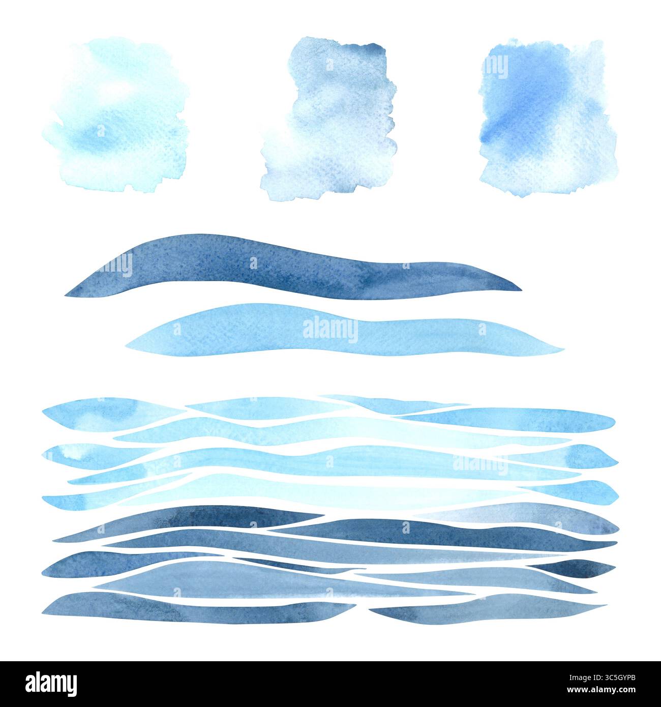 Abstract curved lines of ocean waves and spots. A hand drawn watercolor ...