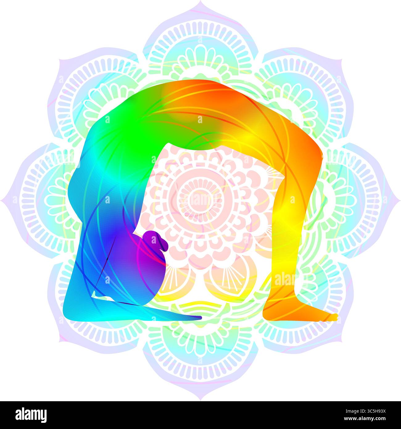 Colorful silhouette of woman practicing Ardha Urdhva Dhanurasana yoga ...