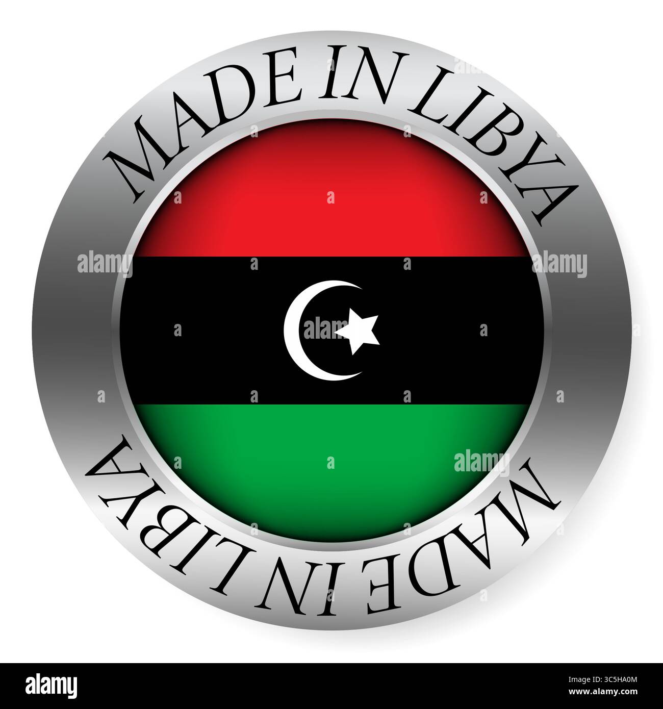 Made in Libya button icon. Circular emblem with metallic border, glossy ...