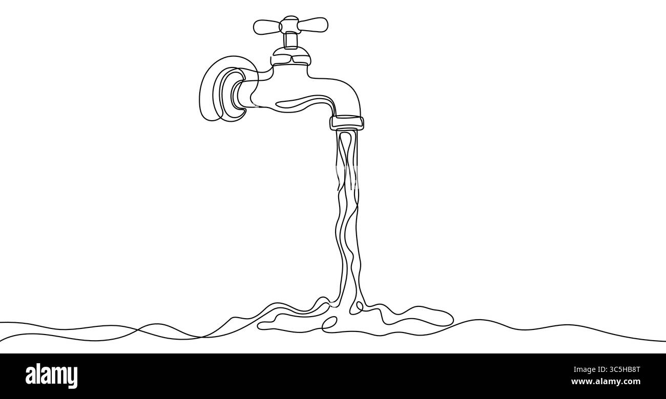 Black water tap with flowing water in one line art style. Tap drawing ...