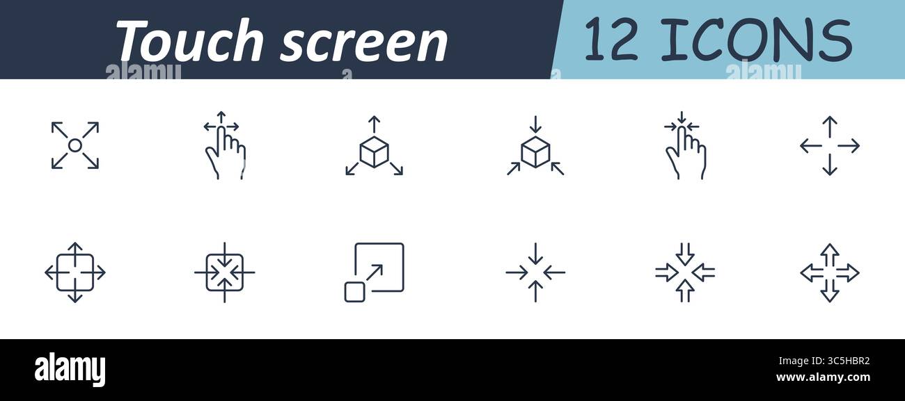 Touch screen gesture set icon. Outlined arrows, fingers, cubes, and ...