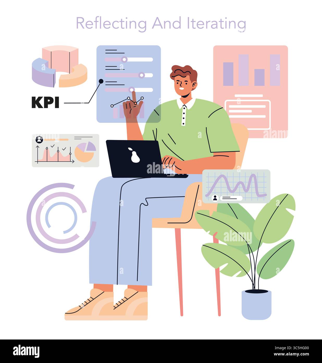 Modern office worker analyzing key performance indicators on computer surrounded by graphical ...