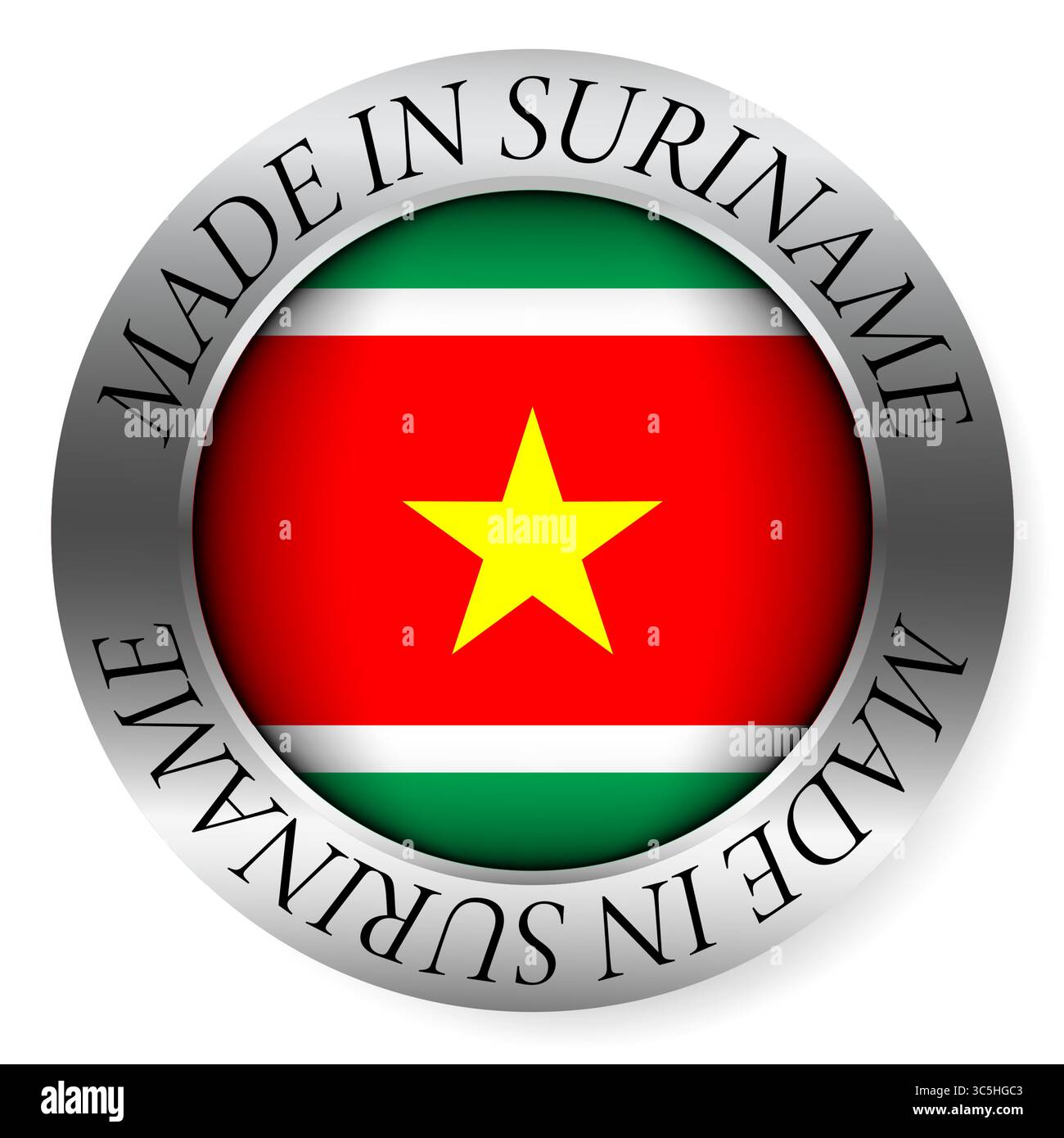 Made in Suriname button icon. Circular emblem with metallic border ...