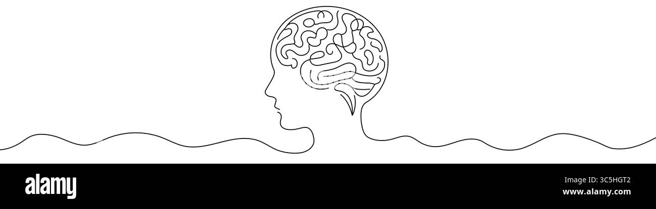 Black head profile with brain in single line art style. Editable ...
