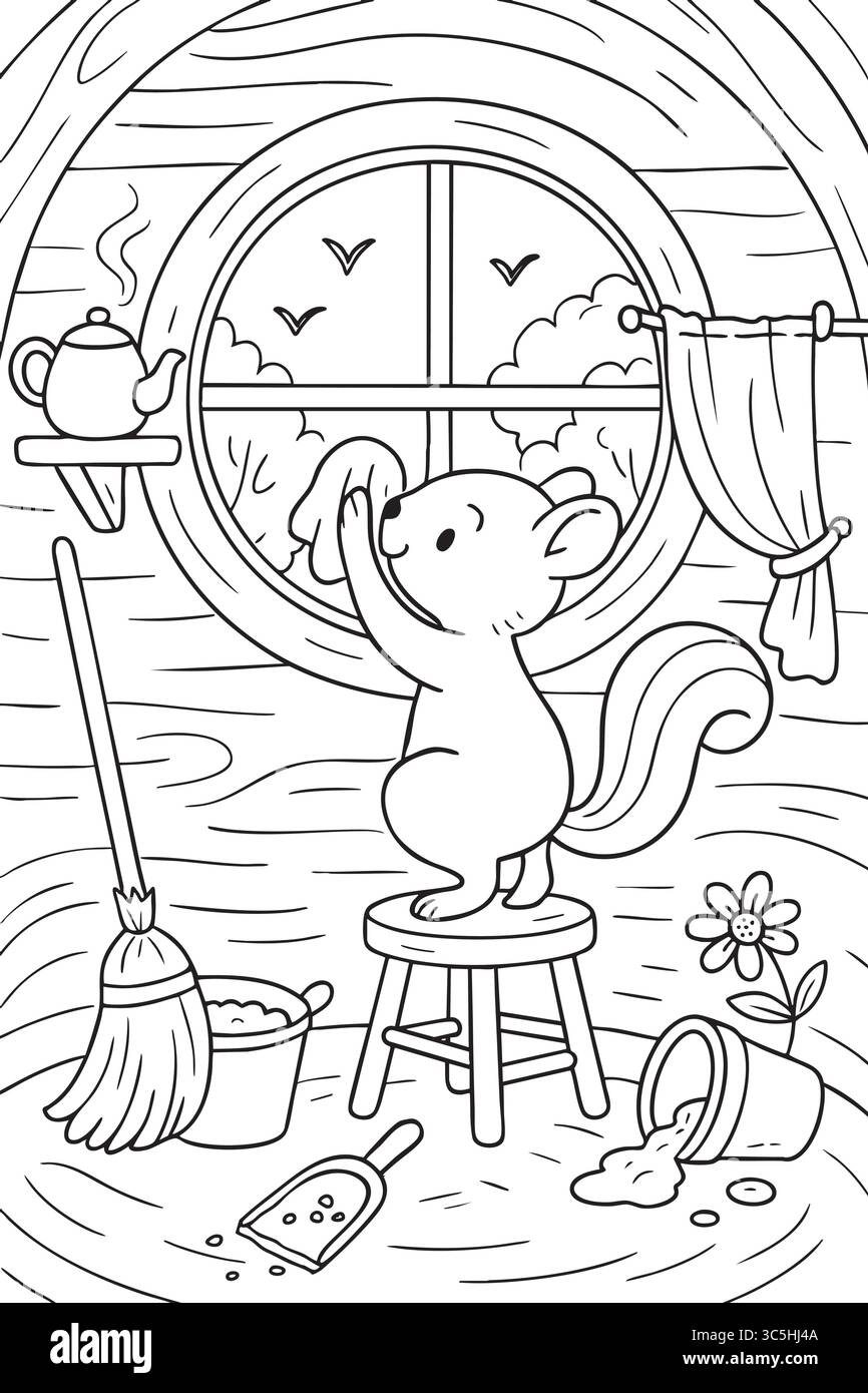 Cute squirrel cleaning window inside cozy wooden house for kids ...