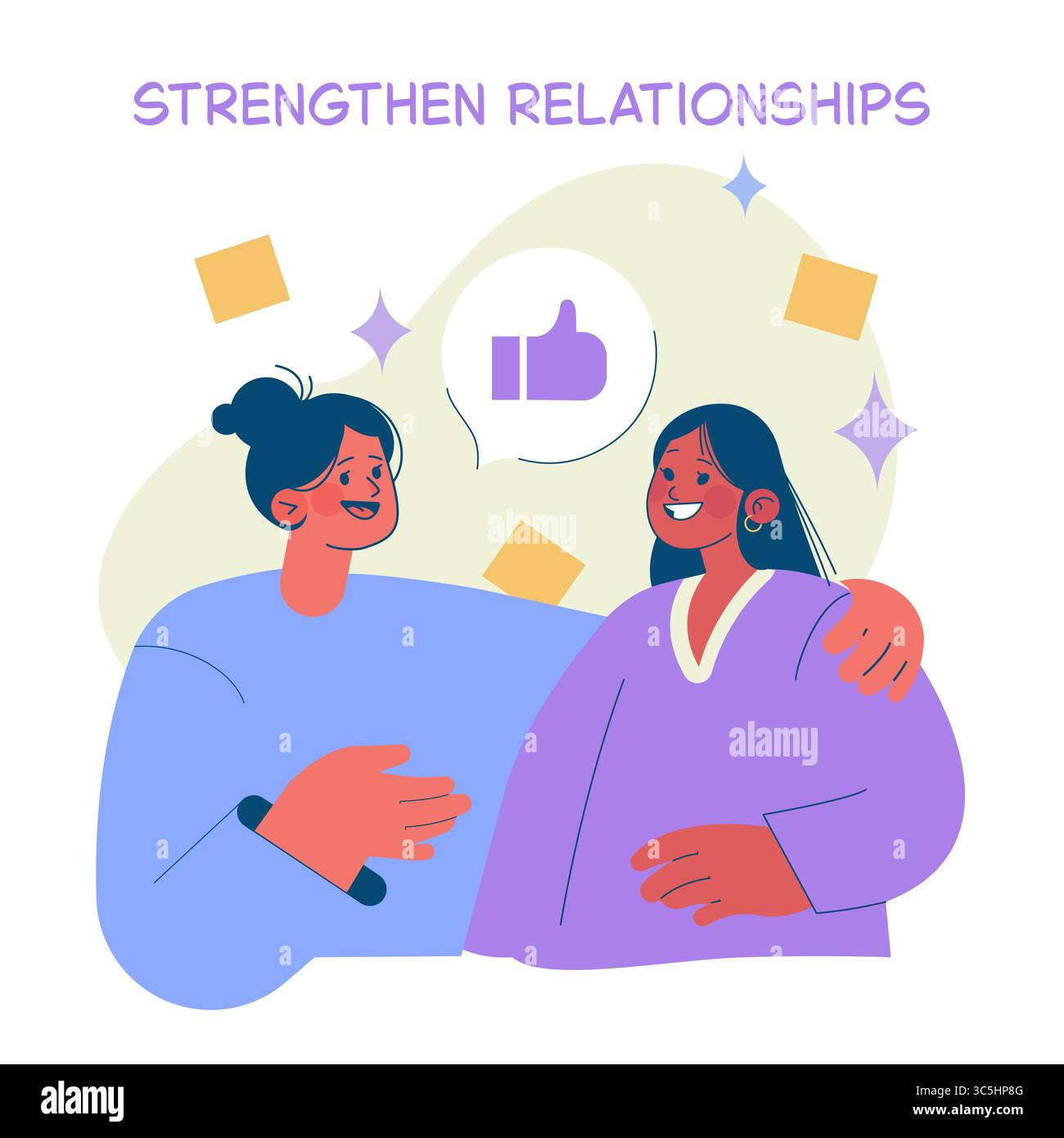 Vector illustration of two friends embracing with smiles and a thumbs ...