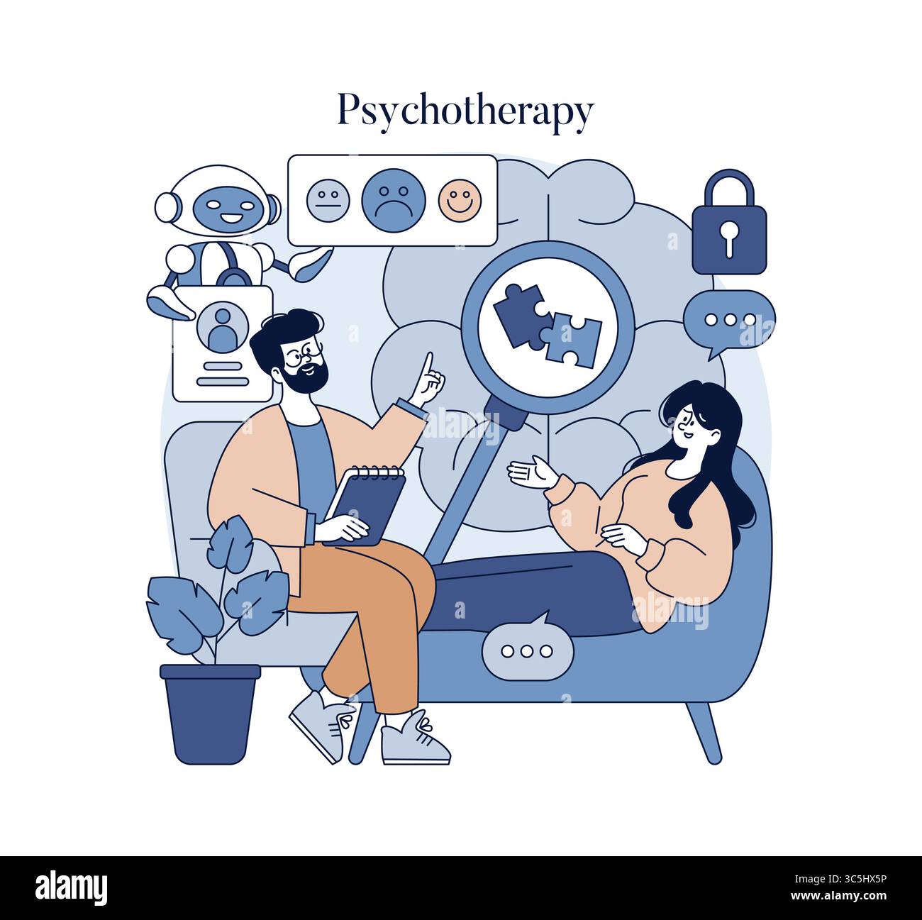 Vector illustration depicting a psychotherapy session, where a ...