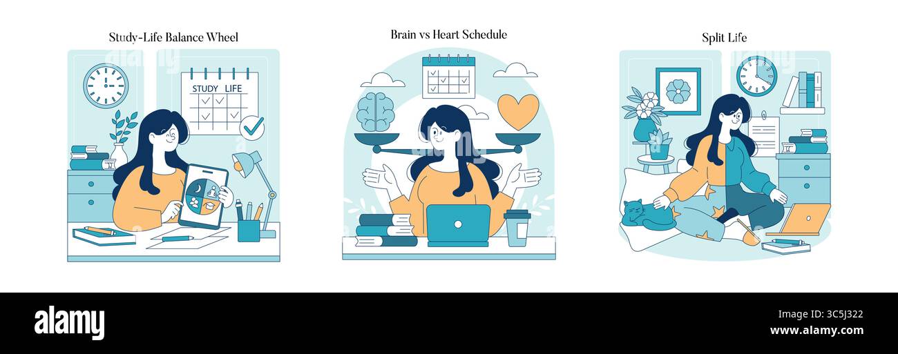 Vector illustration showing three scenarios of balancing study and life ...