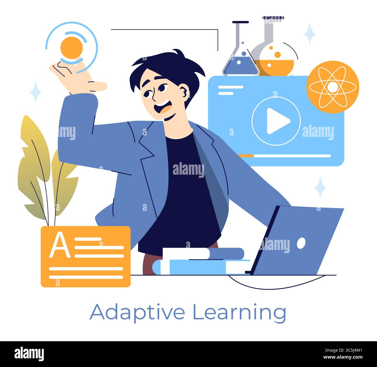 Vector illustration of a person engaging with adaptive learning tools, including educational ...