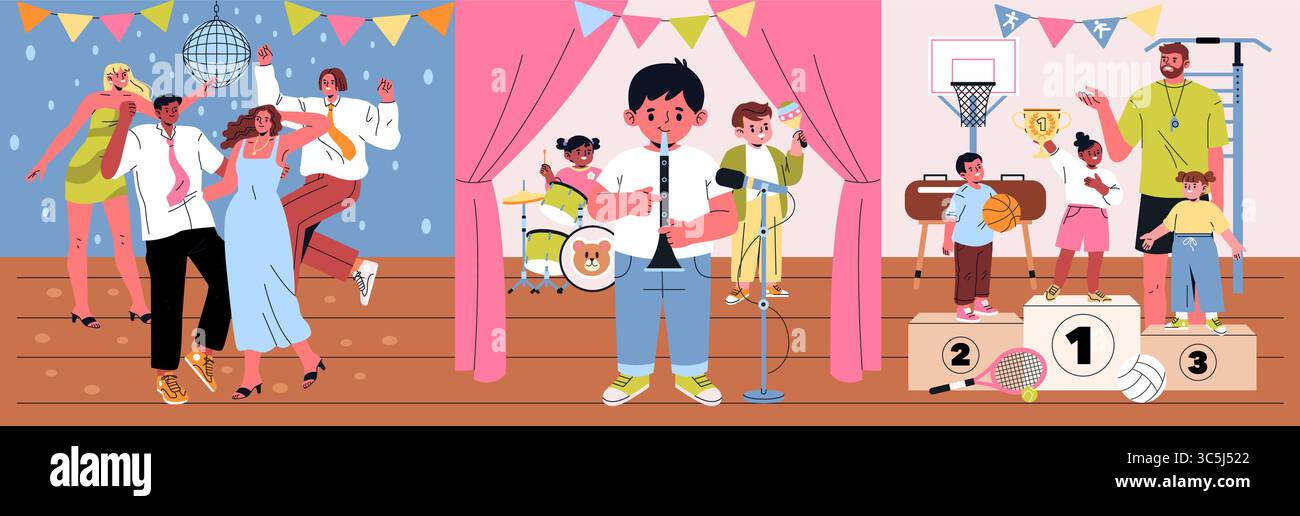 Vector illustration depicting a lively event with people dancing at a ...