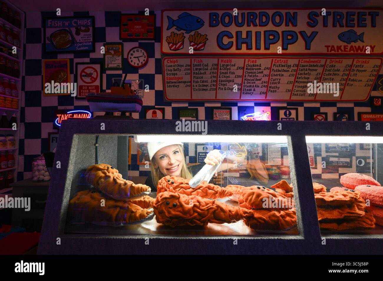 EDITORIAL USE ONLY Artist Lucy Sparrow at The Bourdon Street Chippy ...