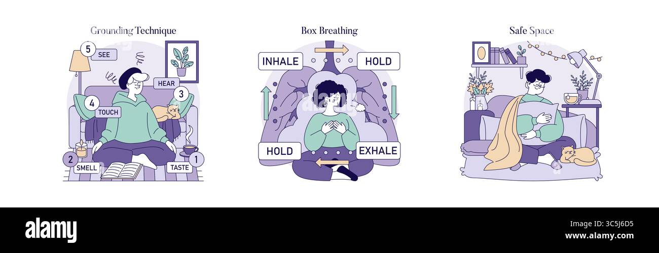 Vector illustration showcasing grounding techniques using five senses ...