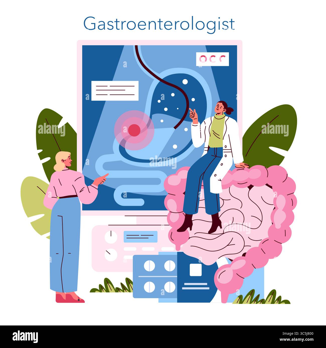 Gastroenterologist explaining digestive system using diagrams. Vector ...
