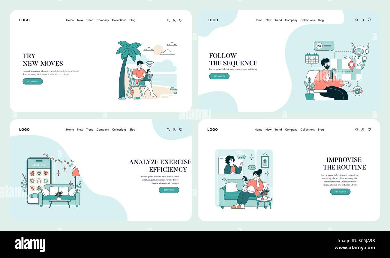 Vector illustration set depicting modern lifestyle habits like remote ...