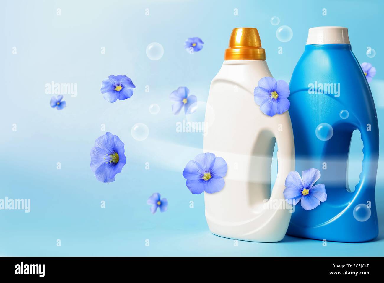 Fabric softener advertising poster. Bottles of conditioner and flying ...