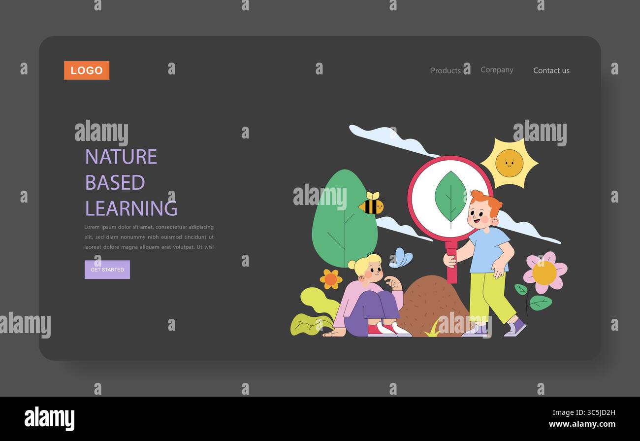 Vector illustration depicting children engaging in nature-based learning outside, with one child ...