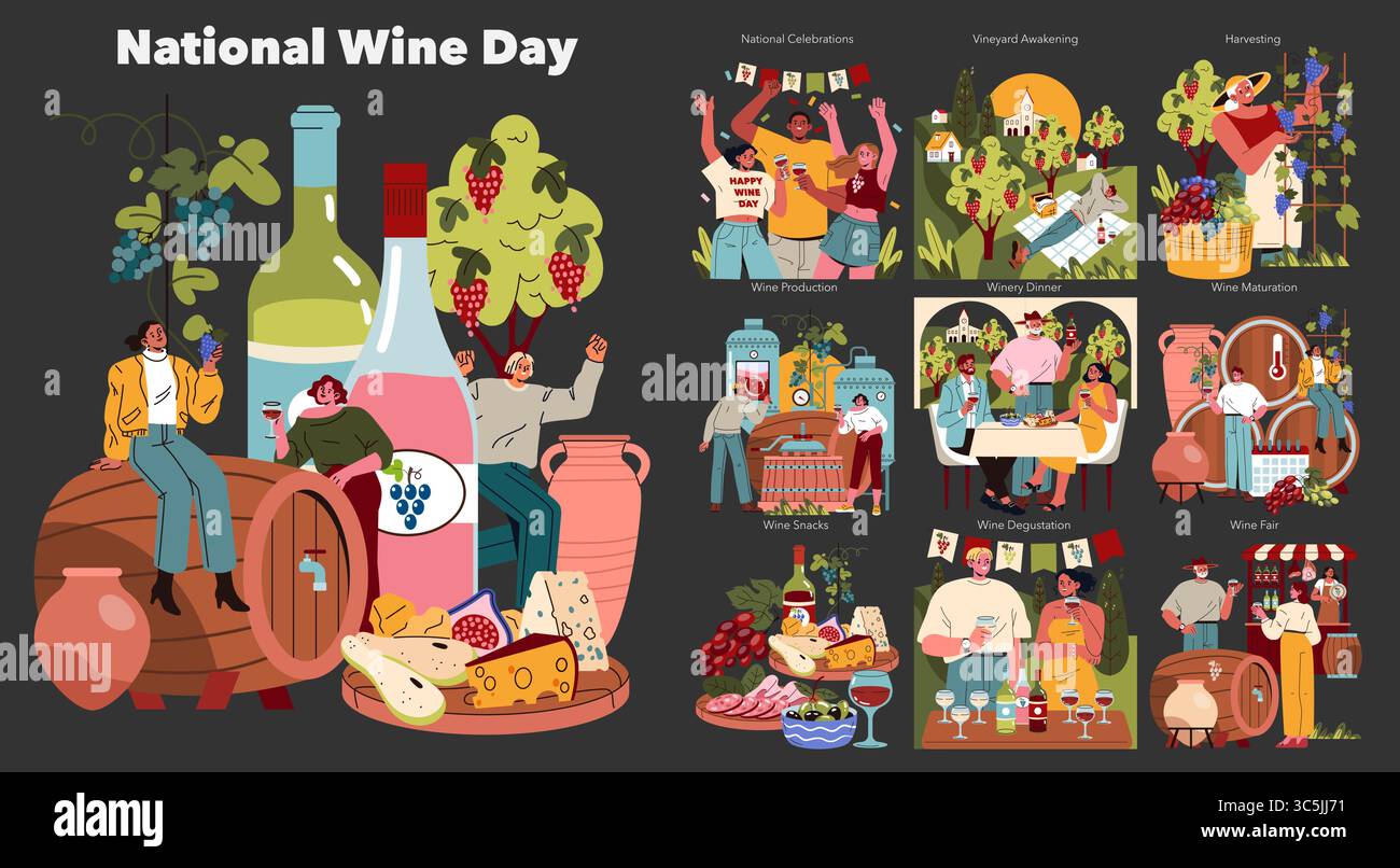 National Wine Day concept. Explore colorful scenes from vineyard ...