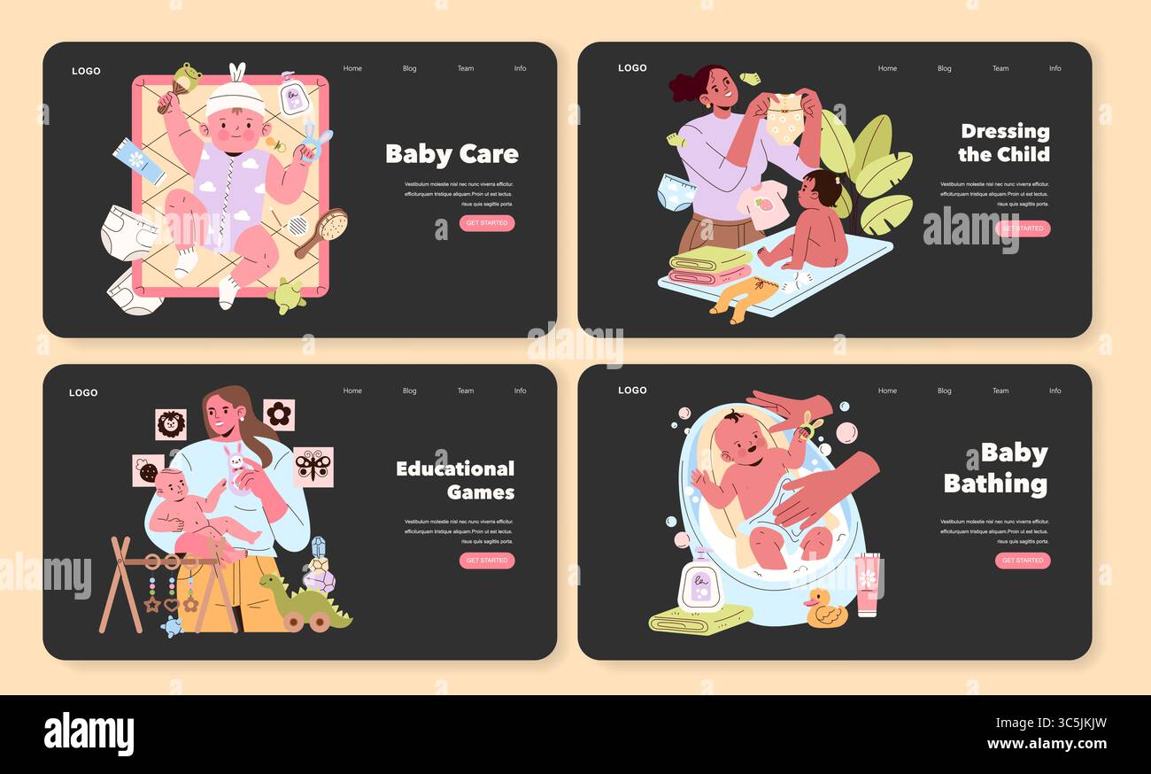 Vector illustration set depicting baby care activities, including ...