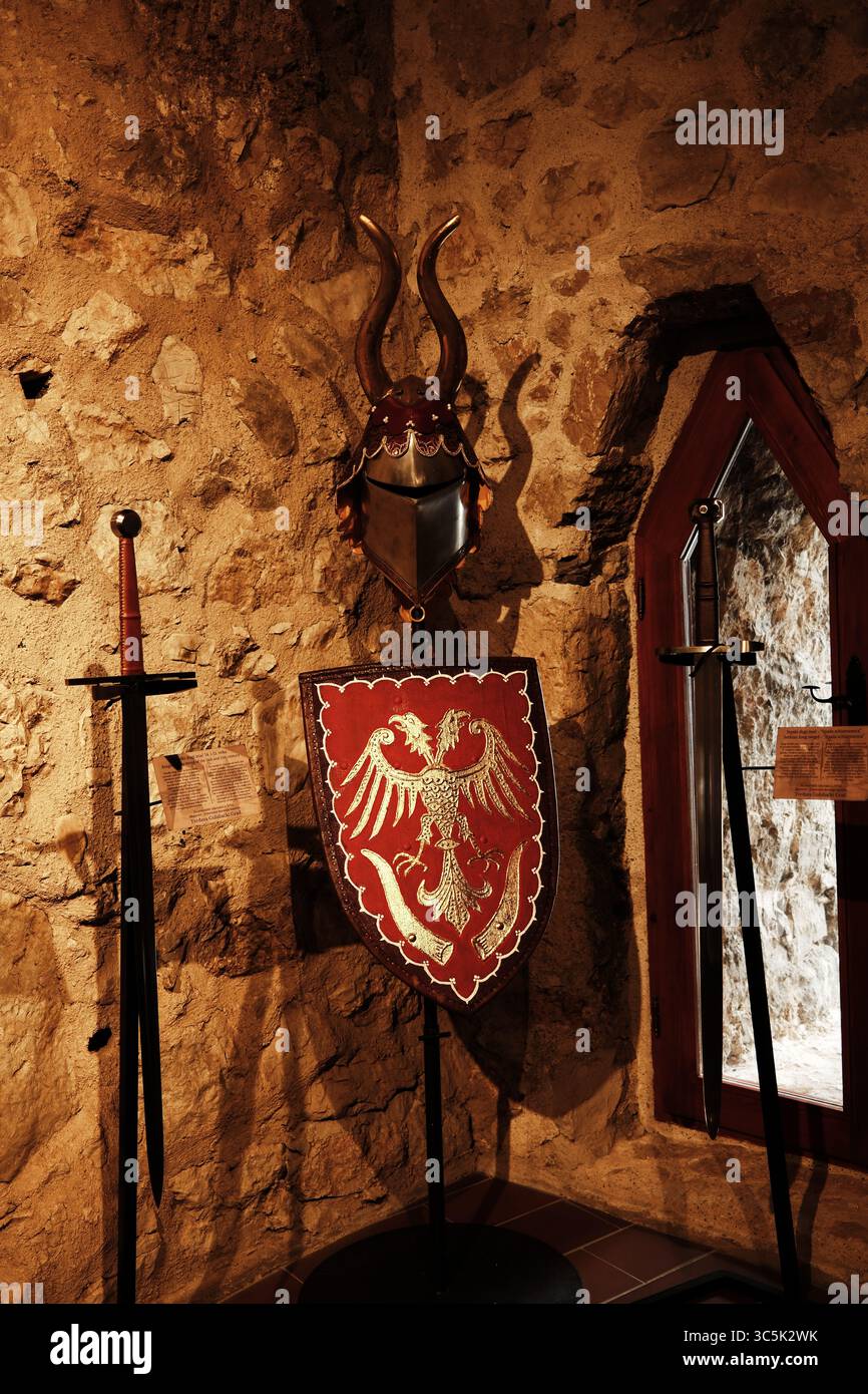 Knight helmet with horns, a red shield with a white eagle crest, and ...