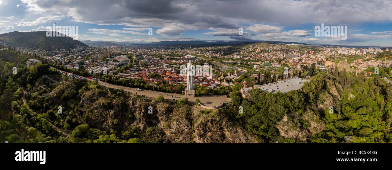 Aerial panoramic view of the Kartlis Deda statue standing majestically ...