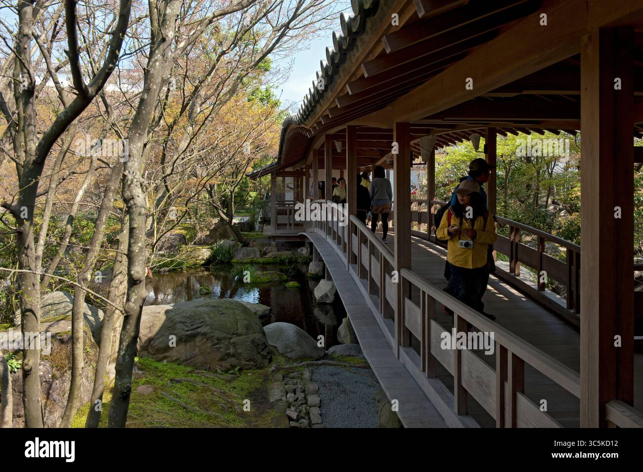 The Choonsai pavilion (潮音斎) connecting covered bridge wooden walkway ...