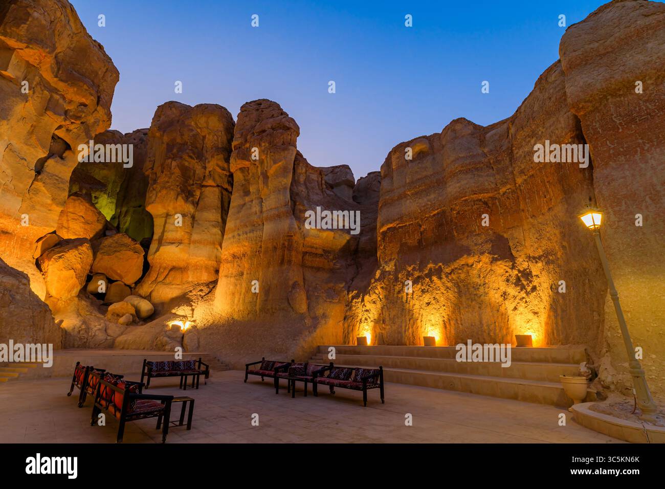 Warm lights illuminating the Jabal Al Qarah caves in Al Ahsa oasis, a ...