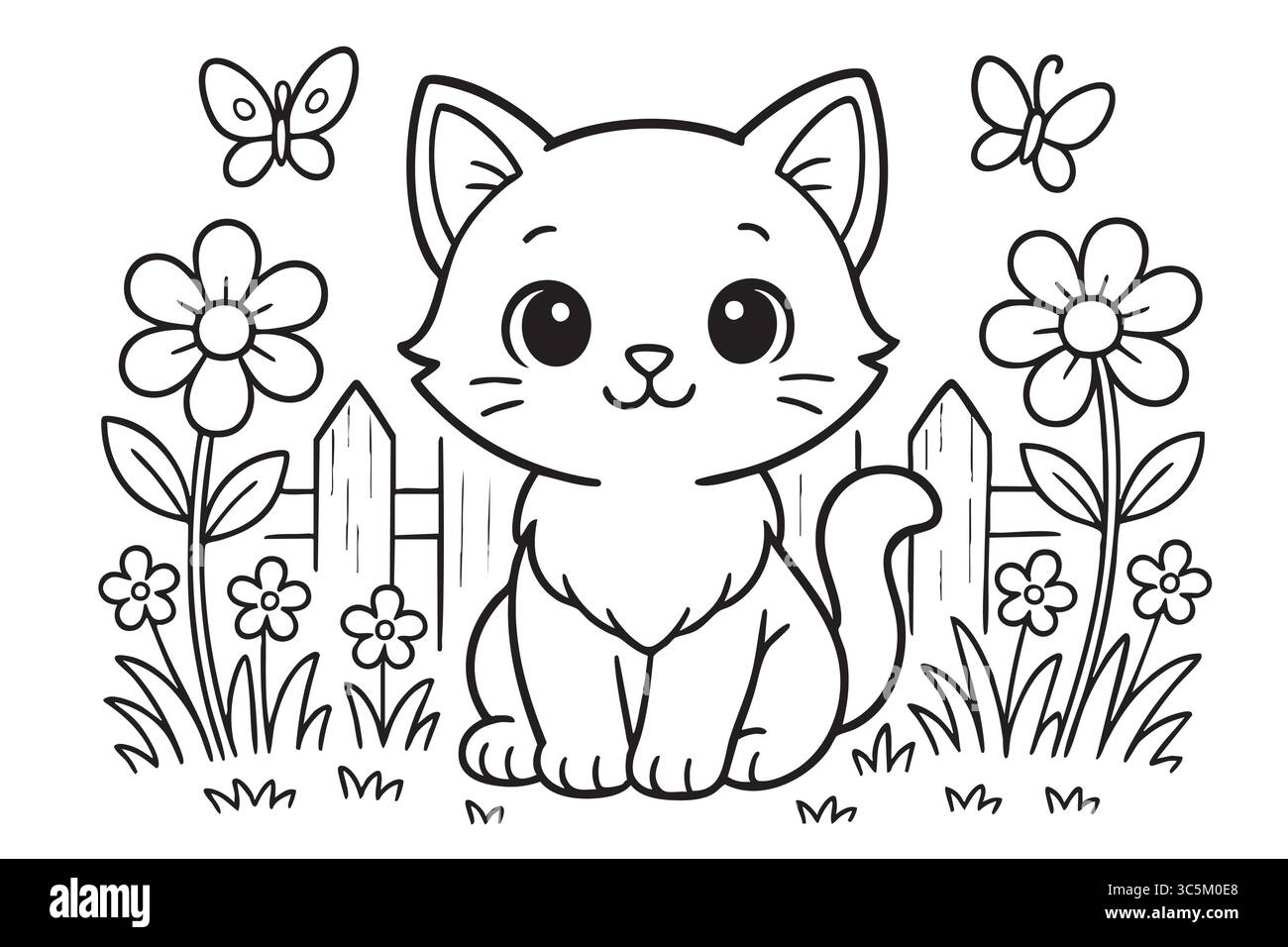 Cute cat coloring page with flowers and butterflies for children, black ...